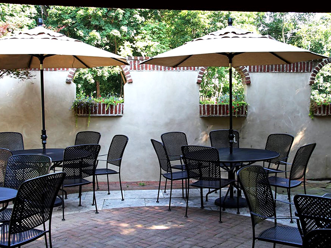 The outdoor patio offers a tranquil retreat where summer evenings stretch lazily into twilight over glasses of chilled wine.
