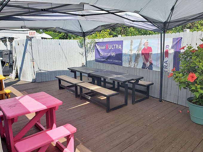 The covered outdoor seating area stands ready for crab-cracking action, rain or shine&mdash;seafood waits for no weather.