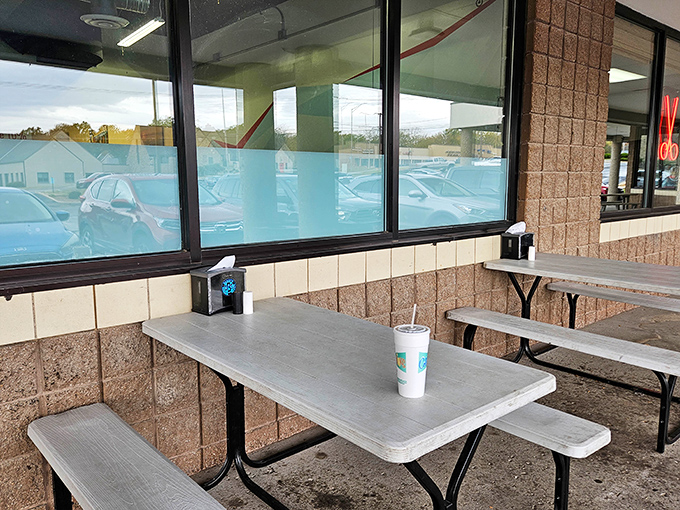 Outdoor seating for when your burger experience requires fresh air and sunshine. Nature's dining room awaits.
