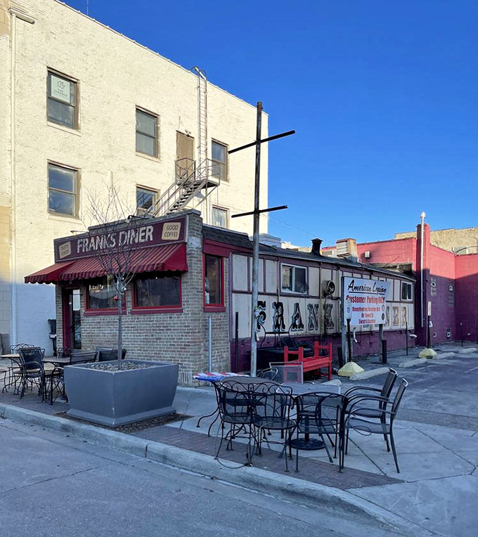 The full view reveals Frank's Diner in all its glory&mdash;a dining car that found its forever home in Kenosha, serving comfort food that makes the journey worthwhile.