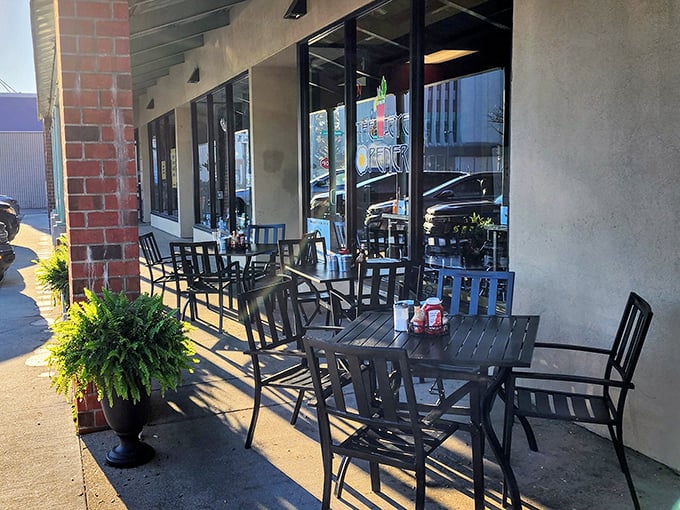Outdoor seating for those perfect Ohio mornings when the sun and your coffee arrive simultaneously. Urban breakfast oasis.