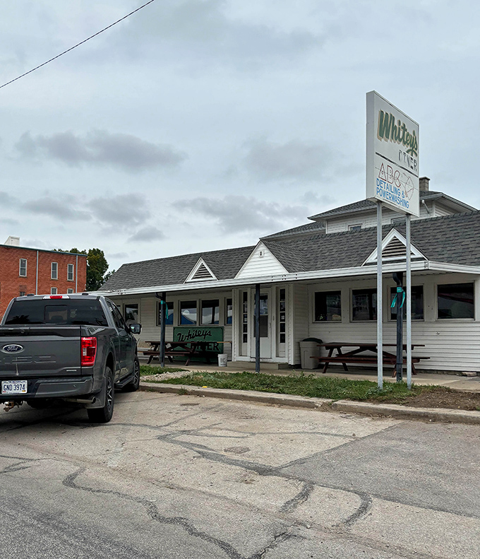 Picnic tables outside offer fair-weather dining options, though the real Whitey's experience happens at those counter seats inside.