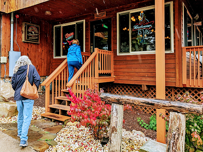 The welcoming entrance promises Western hospitality and serious steakhouse quality just steps inside those saloon doors.