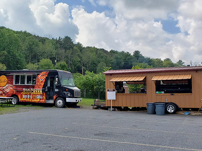 The perfect pairing: a vibrant blue sky and smoke wafting from a barbecue joint. Nature's way of saying "lunch is served."