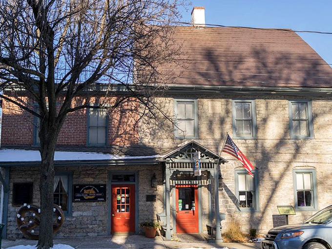 Winter can't diminish the charm of this historic bakery&mdash;the stone walls and red doors stand ready to welcome pretzel pilgrims regardless of season.
