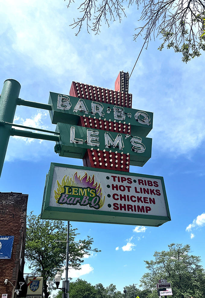 That vintage sign against a blue Chicago sky&mdash;not just advertising barbecue, but announcing a neighborhood institution that's stood the test of time.