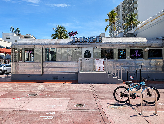 A postcard-perfect view that says "Welcome to Miami" with a side of diner charm. Even the bicycle wants to stop for breakfast.