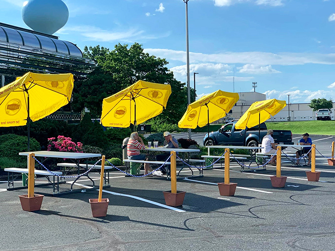 When Pennsylvania weather cooperates, these cheerful yellow umbrellas create an outdoor oasis where pancakes taste even better with fresh air.