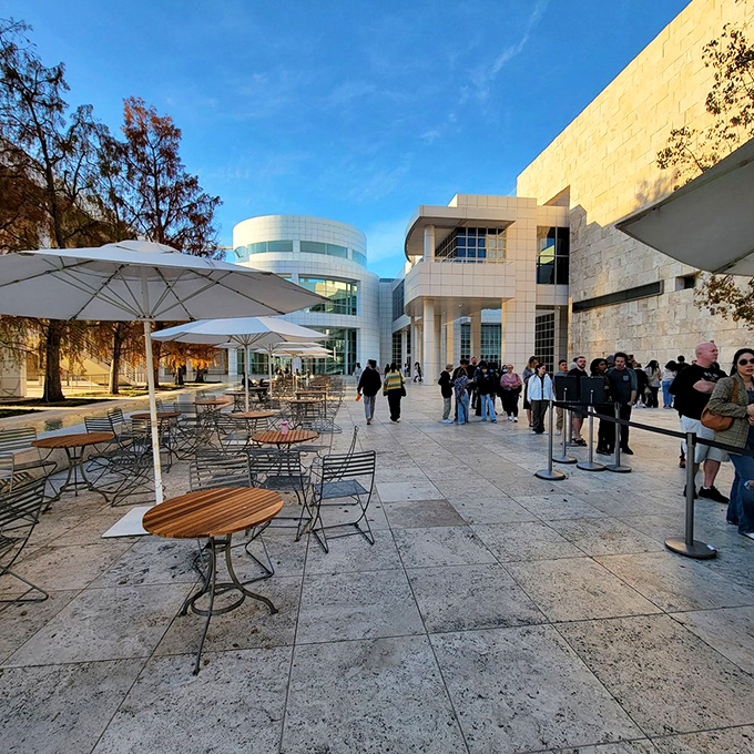 The Getty's outdoor caf&eacute; area proves that even your lunch break can be architecturally significant when you're dining in a billion-dollar art paradise.
