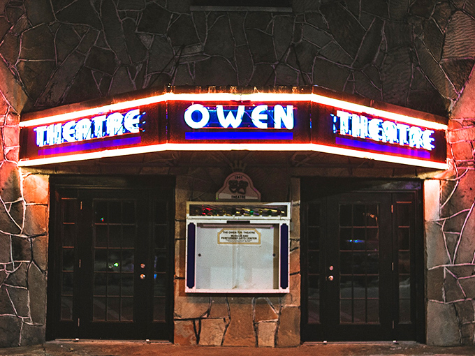 The Owen Theatre's vintage neon sign glows with the promise of entertainment that brings the community together &ndash; no streaming service required.