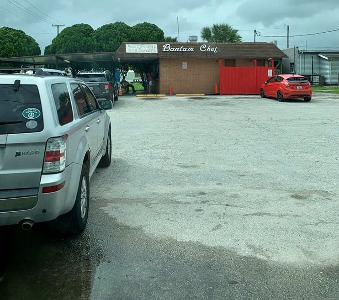 The parking lot might not be valet, but those cars represent people who know that culinary treasures often hide in the most unassuming places.
