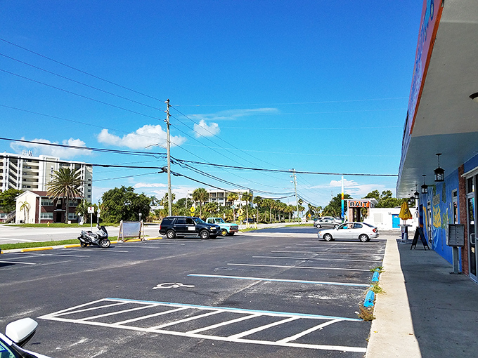 The view from Brenda's parking lot reminds you you're in Florida. Blue skies and palm trees &ndash; the perfect setting for post-breakfast contentment.