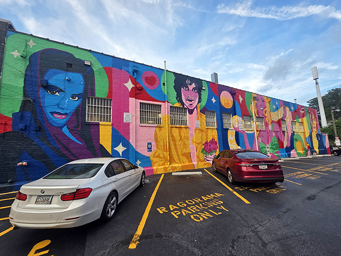 Vibrant street art transforms the parking area into an outdoor gallery celebrating Atlanta's creative community spirit.