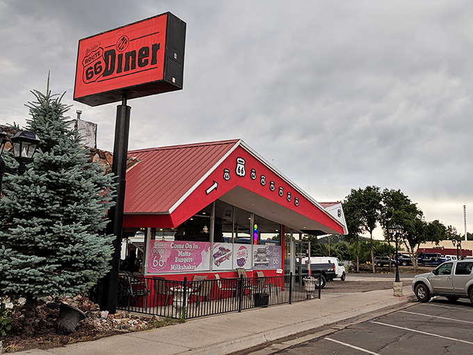 The classic roadside profile of Goldies Route 66 Diner &ndash; where hungry travelers have been pulling over since before GPS told them to.