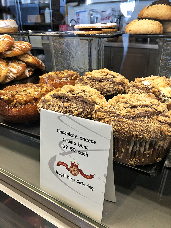 The pastry case proves Bagel King's talents extend beyond the circular&mdash;those chocolate cheese crumb buns are calling my name.