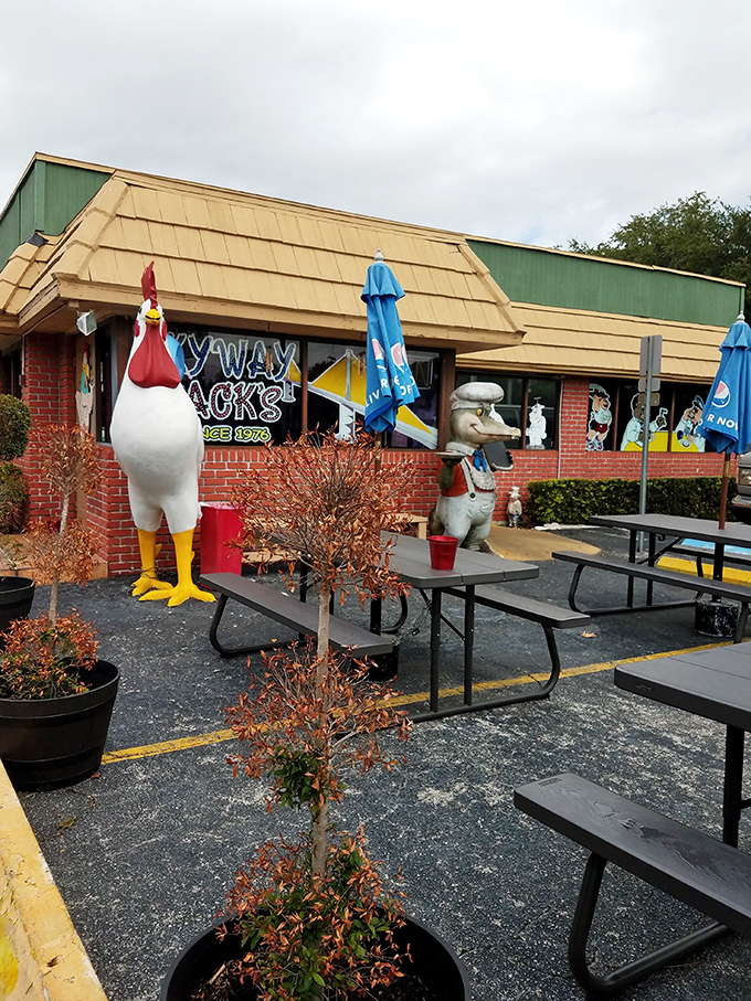 Not one but TWO chicken statues guard the outdoor seating area, where picnic tables await those who prefer their breakfast with a side of Florida sunshine.