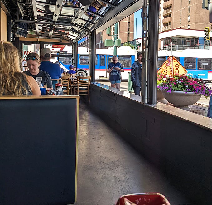 When the Colorado weather cooperates, the indoor-outdoor seating offers prime people-watching with your pancakes.