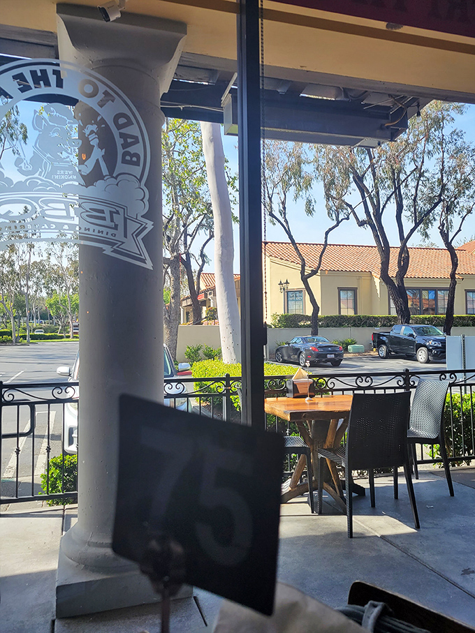 Outdoor seating with a view of San Juan Capistrano's charm. Even the California sunshine seems to approve of what's happening inside.