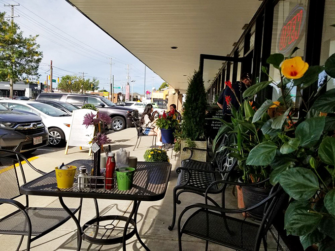 Outdoor seating where you can enjoy your breakfast while judging other people's parking jobs&mdash;a true American pastime.