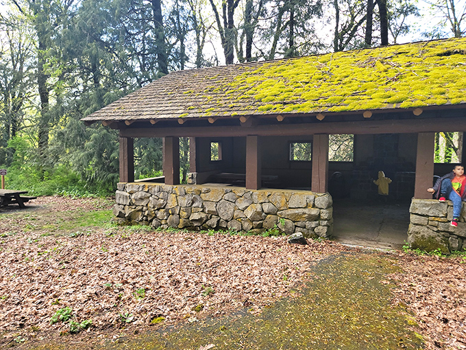 A moment of shelter in the wilderness. This rustic stone pavilion offers hikers a perfect spot to rest and refuel before continuing their adventure.
