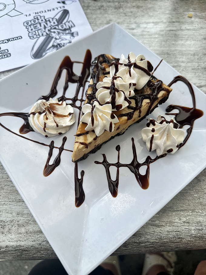Peanut butter pie with chocolate drizzle&mdash;because sometimes the perfect ending to a waterfront meal needs to be just a little sinful.