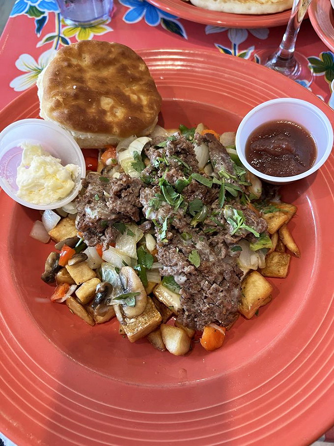 The Philly Cheesesteak Bowl reimagines a classic sandwich as a fork-worthy feast, topped with a biscuit crown.