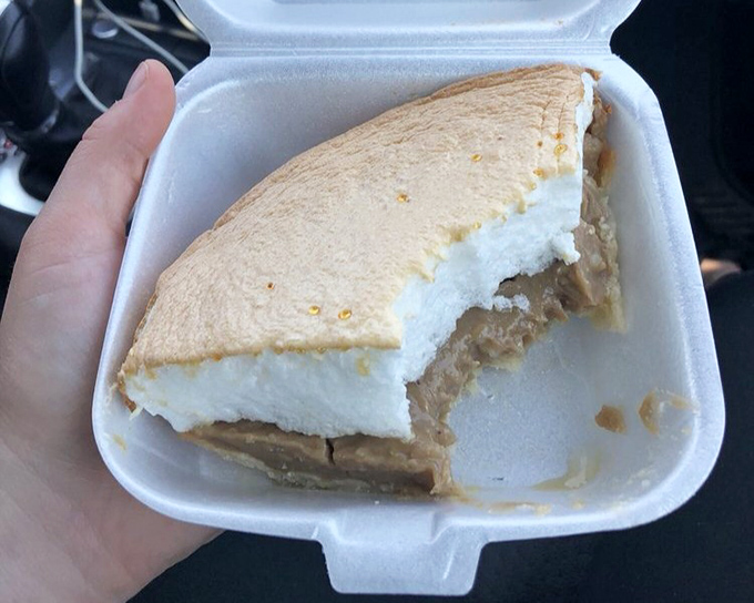 Homemade pie in a styrofoam container&mdash;because after BBQ this good, you deserve a sweet finale for the road.