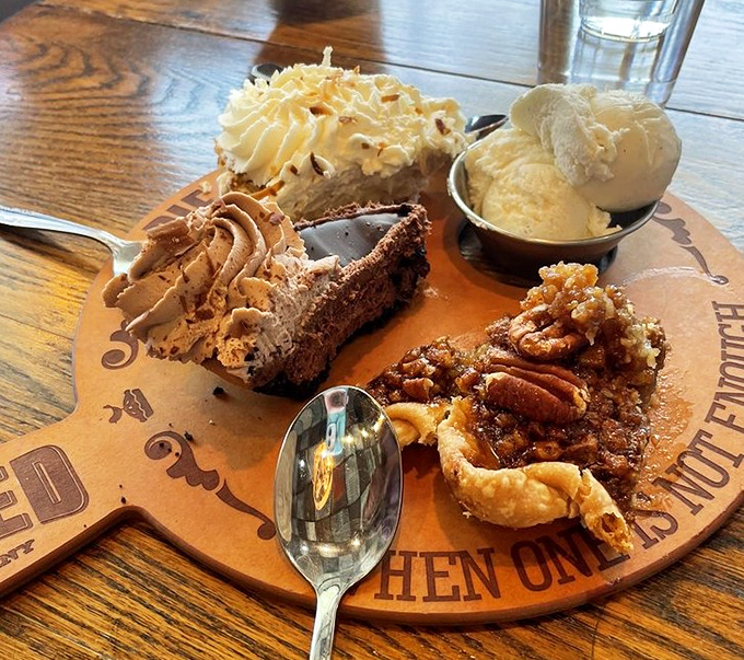 The legendary pie flight&mdash;three different slices served on a wooden board. It's not indecision; it's strategic pie sampling at its finest.