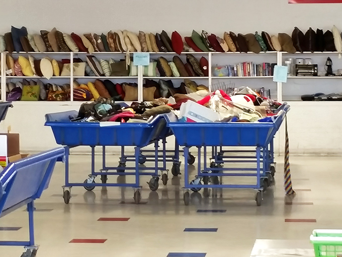 Pillows, books, and endless possibilities line these shelves and bins. A textile library where you can check out style without late fees or return dates.