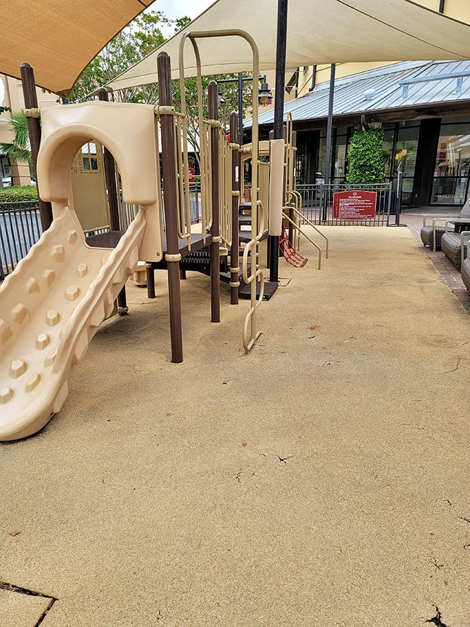 Even the kids get their own shopping break. This playground offers parents a brilliant bargaining chip: "Three more stores, then slide time!"