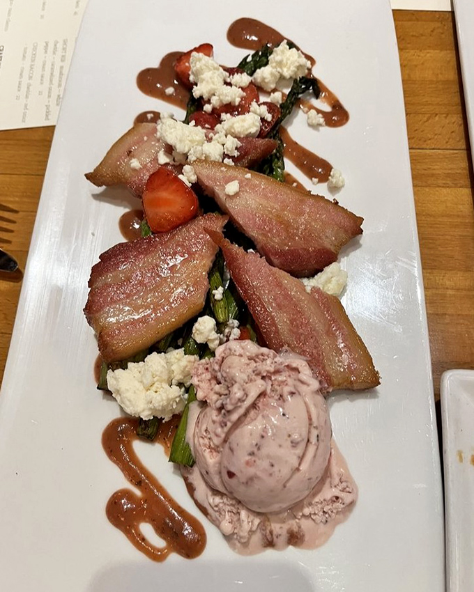 Pork belly that renders all conversation momentarily impossible. Served with what appears to be seasonal vegetables, cheese, and house-made ice cream. Swoon-worthy.