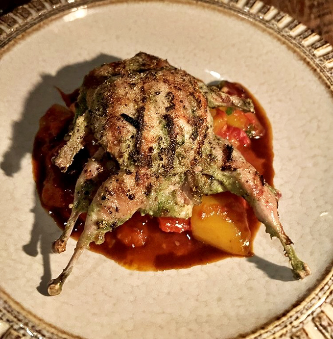 This isn't just quail&mdash;it's a tiny game bird transformed into a masterpiece of flavor. Perched atop a vibrant sauce, it's proof that good things come in small packages.