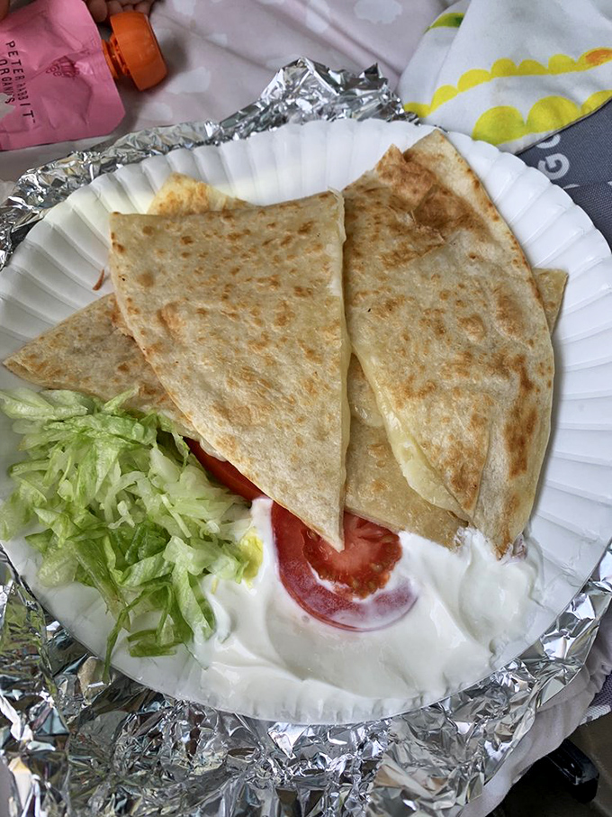 Quesadillas so perfectly grilled they make you wonder if the cook has some sort of cheese-to-tortilla sixth sense. Simple perfection on a paper plate.