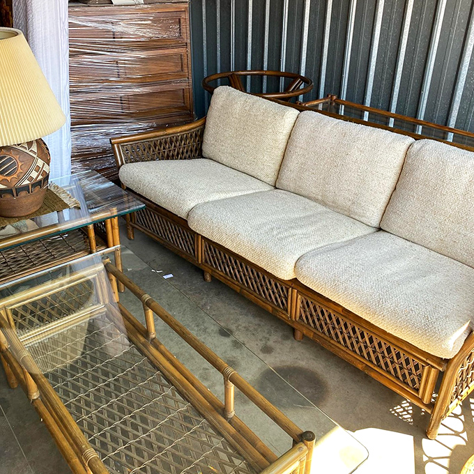 This rattan furniture set whispers of tiki parties and Mai Tais&mdash;a mid-century tropical dream that would make Don Draper feel right at home.