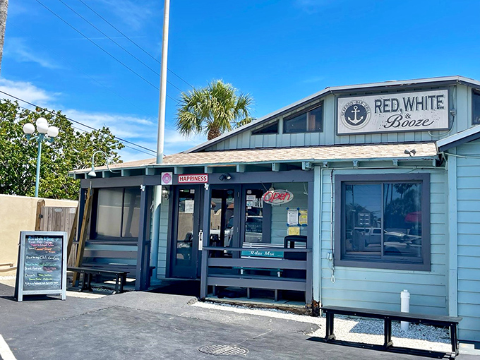 "Red, White & Booze" isn't just patriotic&mdash;it's practical. This unassuming shack serves up exactly what you need after a day of sun and sand.