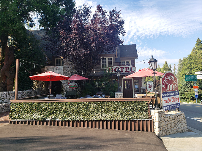 Saddleback Inn's inviting patio beckons with red umbrellas and the promise of mountain-fresh air with your meal&mdash;outdoor dining elevated, literally.