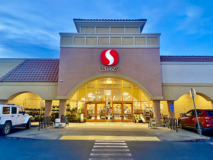 Ukiah's Safeway glows invitingly at twilight, its Spanish-inspired architecture elevating the humble grocery run into something almost resembling a Mediterranean evening excursion.