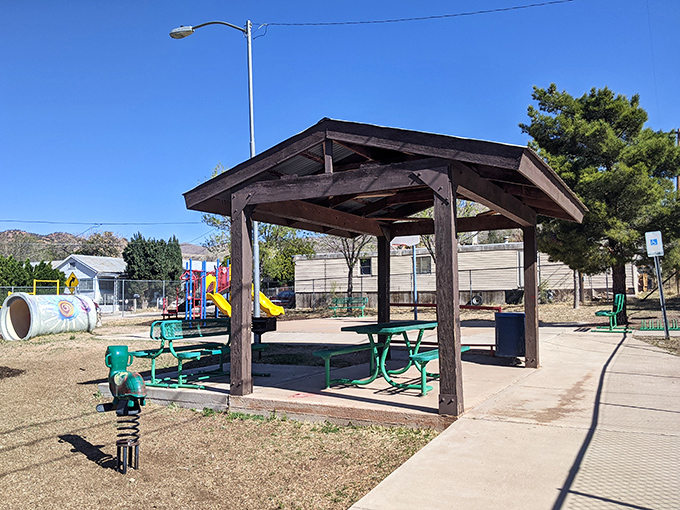 Saginaw Park's humble pavilion offers shade and a place to contemplate life's simpler pleasures. In Bisbee, even the playground equipment seems to have stories to tell. 