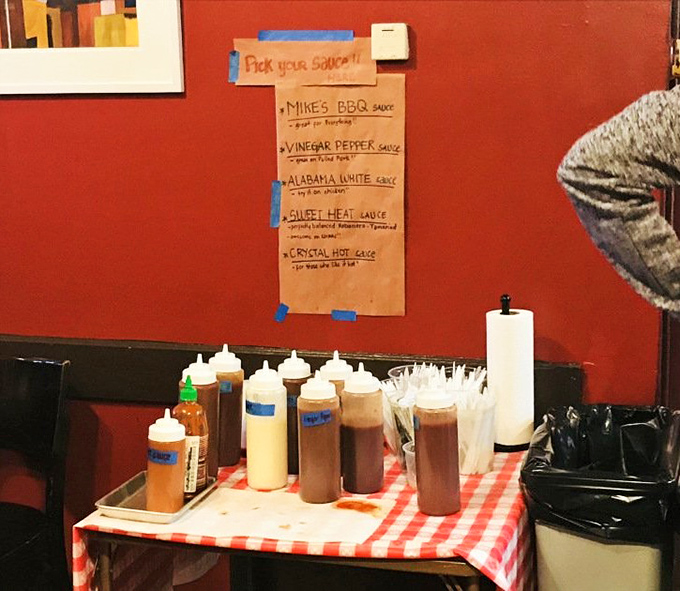 "Pick your sauce!" The condiment station at Mike's offers flavor customization from traditional BBQ to Alabama white. Choose your adventure!