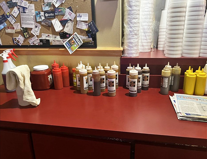 The condiment station stands ready like a painter's palette – because sometimes your sandwich masterpiece needs a few final brushstrokes.