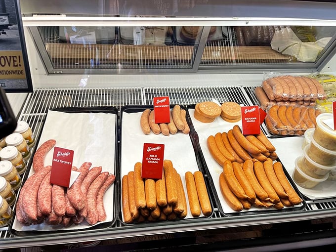 A meat case that makes carnivores weak in the knees—these sausages aren't just food, they're edible German engineering at its finest.