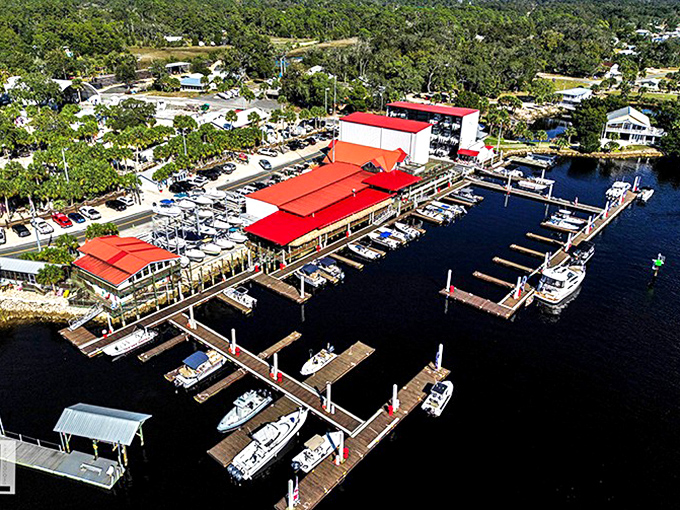 The Sea Hag Marina from above reveals the beating heart of Steinhatchee's maritime culture &ndash; a carefully choreographed dance of docks, boats, and possibilities.