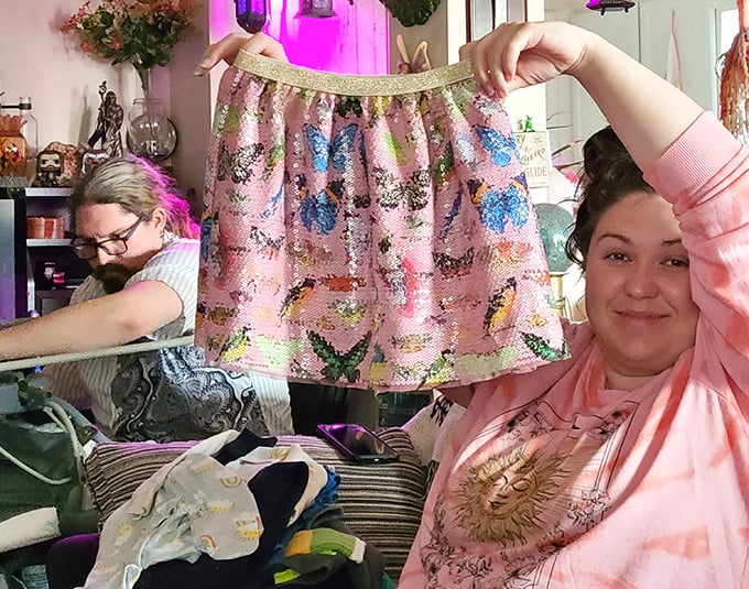 The ultimate thrift victory dance &ndash; holding up that perfect find that makes the hours of searching completely worthwhile.