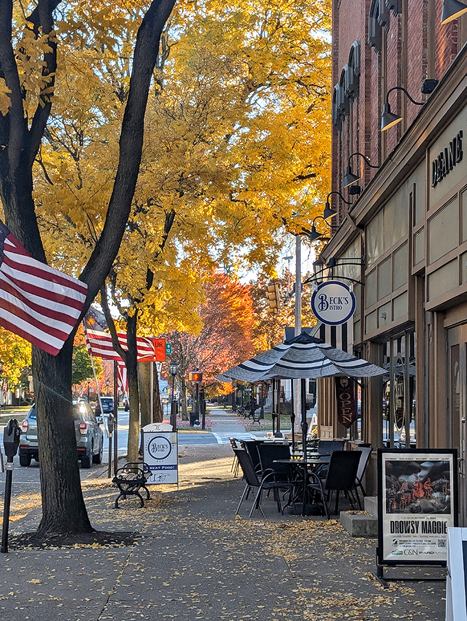 Fall paints Wellsboro's trees in spectacular gold, creating a magical canopy over Beck's outdoor café tables—autumn perfection that belongs on a calendar cover.