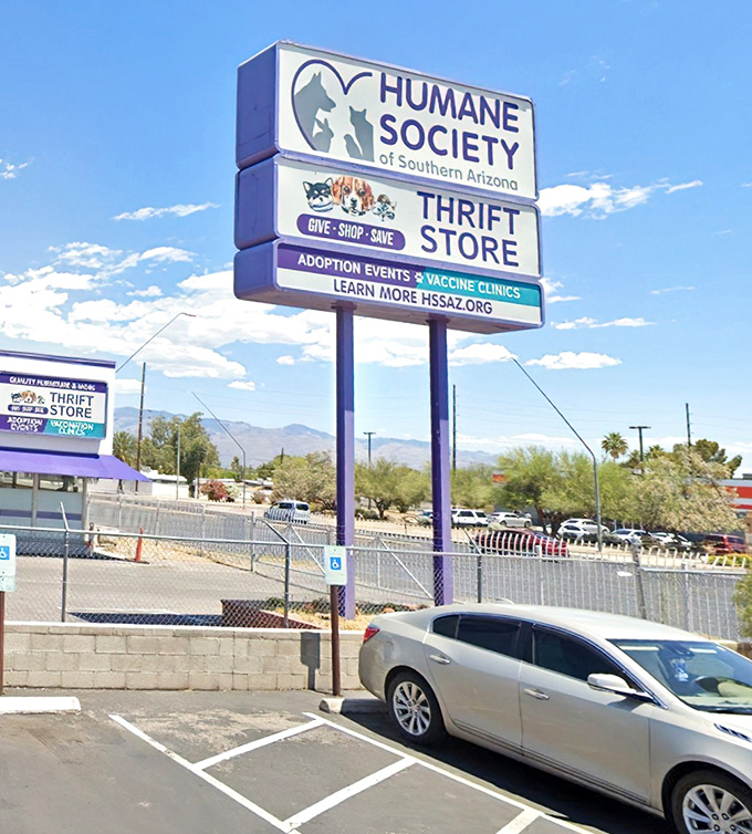 The desert sun illuminates the promise of bargains ahead. This sign has guided countless thrifters to their happy place in Tucson.