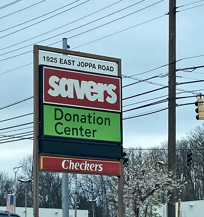 The roadside beacon at 1925 East Joppa Road, where donations enter one door and emerge as someone else's perfect find.