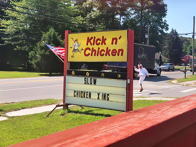 "Slow: Chicken Xing"&mdash;a roadside sign that perfectly captures the playful spirit of this beloved Lewes institution where good food and good humor go hand in hand.