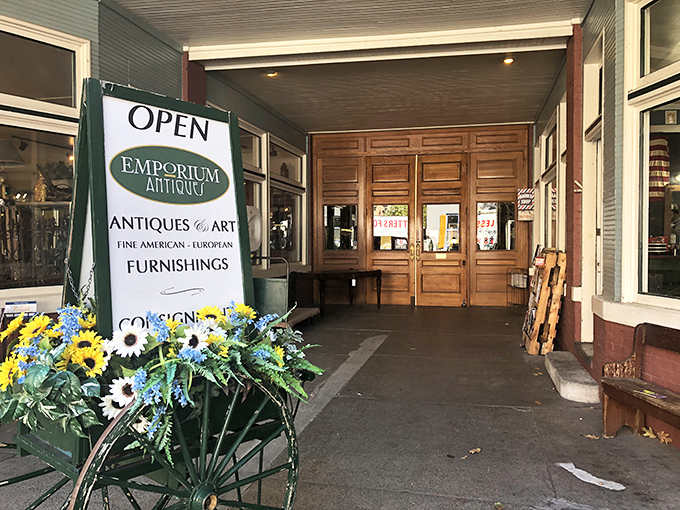 The entrance that promises treasures within, like the wardrobe to Narnia but with price tags instead of snow.