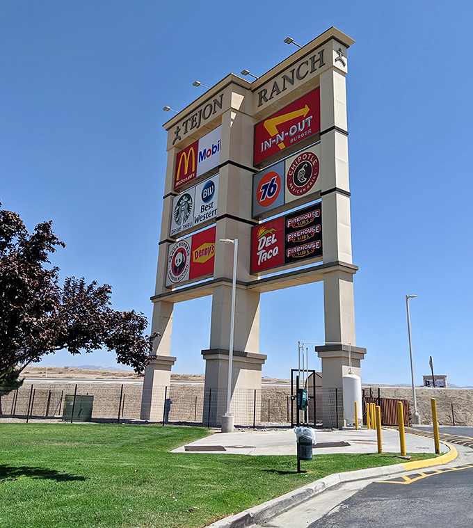 The Tejon Ranch sign proudly announces not just shopping but sustenance&mdash;because even the most dedicated bargain hunters need to refuel occasionally.