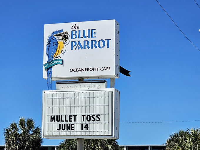 The sign that's launched a thousand U-turns from passing cars. "Mullet Toss" event listing proves this place embraces Florida's quirky coastal culture.